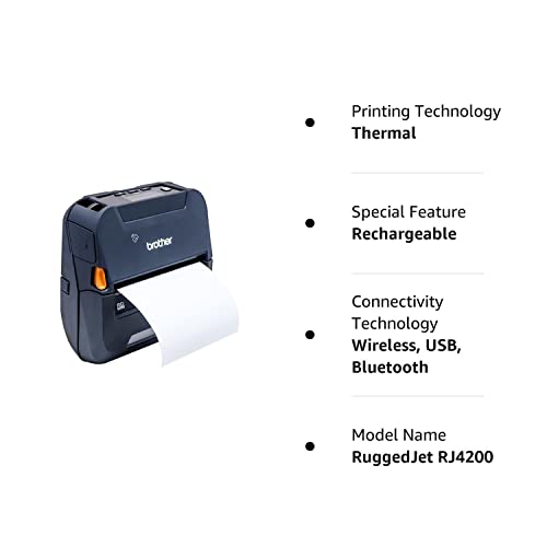 Brother RuggedJet RJ4250WBL Mobile Direct Thermal Printer - Monochrome - Portable - Label/Receipt Print - USB - Bluetooth - Near Field Communication (NFC) - Battery Included