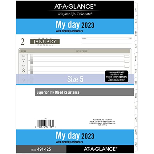 AT-A-GLANCE 2023 Daily Planner Refill, Hourly, 14010 Day-Timer, 8-1/2" x 11", Size 5, Folio Size, One Page Per Day, Loose Leaf, Monthly Tabs (491-125)