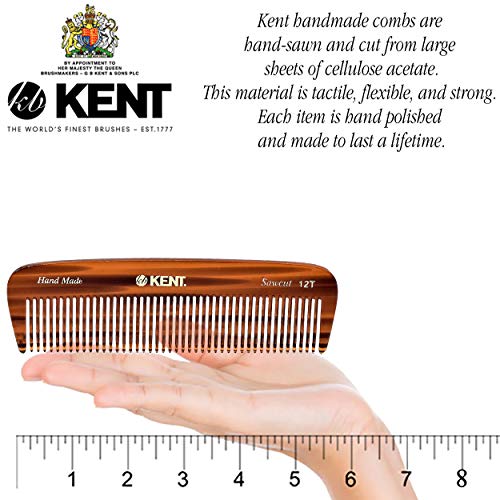 Kent 12T All Coarse Hair Detangling Comb Wide Teeth Pocket Comb for Thick Curly Wavy Hair. Hair Detangler Comb for Grooming Styling Hair, Beard and Mustache. Saw-Cut Hand Polished. Handmade in England