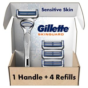 gillette skinguard razors for men, 1 gillette razor, 4 razor blade refills, designed for men with skin irritation, razor bumps, and sensitive skin