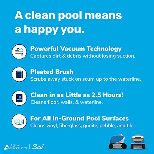 Aqua Products Sol Robotic Pool Cleaner, Automatic Vacuum for Inground Pools up to 36ft, 50ft Cable Length, Wall Climbing Vac w/Strong Suction & Easy to Clean Debris Basket