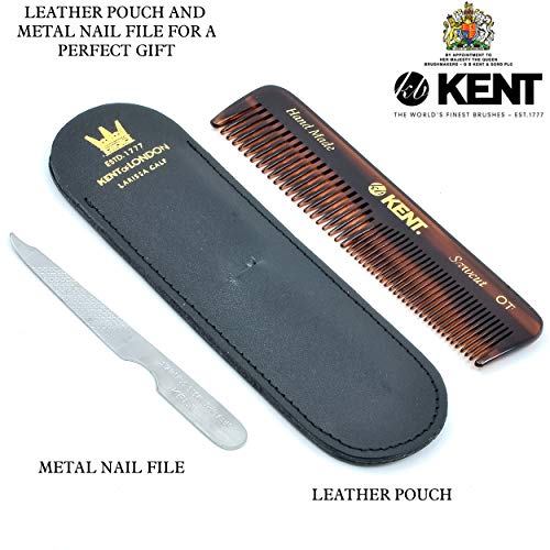 Kent NU19 Gift Set, with OT Fine Tooth/Wide Tooth Pocket Comb for Hair, Mustache and Beard for Men, Women and Kids. Travel Set with Leather Pouch and Stainless Steel Nail File. Handmade in England