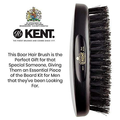 Kent MN11 Finest Men's Hair Brush and Facial Brush for Beard Care - 100% Natural Black Boar Bristle Brush for Mens Grooming, Scalp Brush, 360 Wave, and Beard Straightener For Men's Hair Care