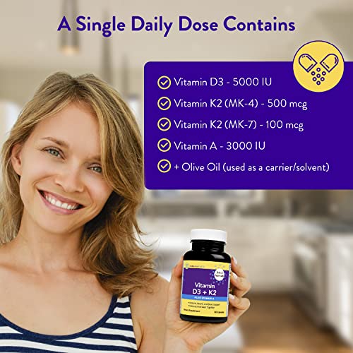 InnovixLabs Vitamin D3 K2 Supplement - 5000 IU D3 with Vitamin K2 MK7 & MK4 - ADK Vitamin Combo for Absorption - K2 D3 Vitamin Supplement - Supports Immune System, Heart & Bones - 60 Capsules