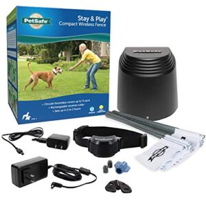 petsafe stay & play compact wireless pet fence, lcd screen to adjust circular boundary, secure up to 3/4 acre area, use for all your pets, portable system from the parent company of invisible fence