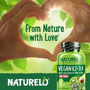 NATURELO Vegan K2+D3 - Plant Based D3 from Lichen - Natural D3 Supplement for Immune System, Bone Support, Joint Health - Whole Food - Vegan - Non-GMO - Gluten Free (60 Count (Pack of 1))