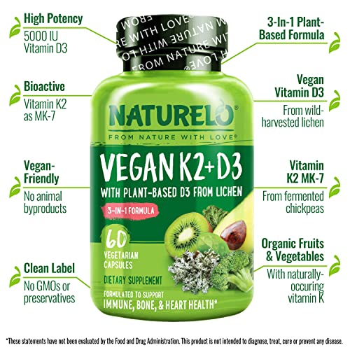 NATURELO Vegan K2+D3 - Plant Based D3 from Lichen - Natural D3 Supplement for Immune System, Bone Support, Joint Health - Whole Food - Vegan - Non-GMO - Gluten Free (60 Count (Pack of 1))