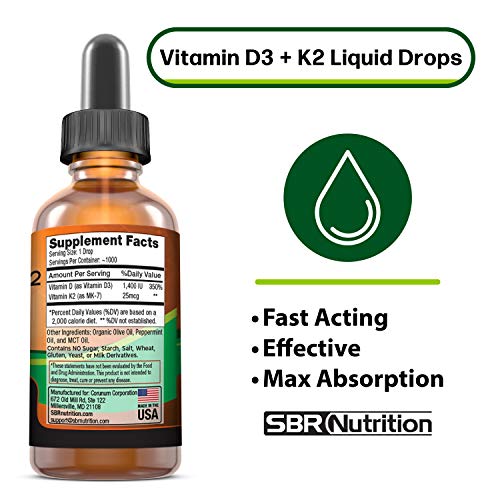 Vitamin D3 + K2 (MK-7) Liquid Drops with MCT Oil, Peppermint Flavor, Helps Support Strong Bones and Healthy Heart, 1 fl. oz.