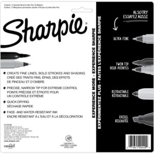 SHARPIE Brush Twin Permanent Markers, Brush Tip Marker and Ultra Fine Tip Marker, Assorted, 12 Count