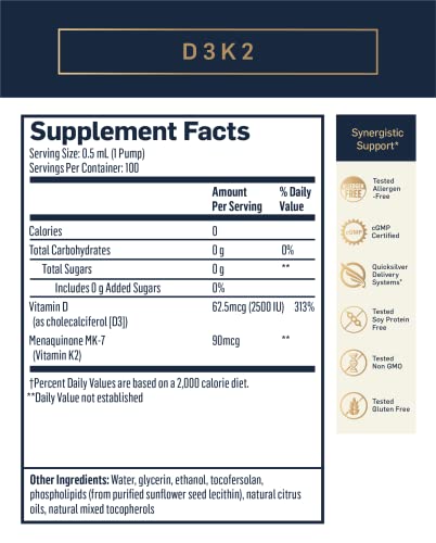 Quicksilver Scientific Nanoemulsified D3K2 - Emulsified Liquid Vitamin D3 + K2 MK7 Liposomal Supplement for Heart, Bone Health + Immune Support - Bioactive 2500IU for Enhanced Absorption (1.7oz/50ml)