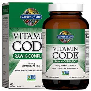 vitamin k2 and k1 by garden of life, vitamin code vegan k complex vitamin for bone strength and heart health, vitamin k1 and k2, omega rich flax seed oil, trace minerals, probiotics, 60 day supply