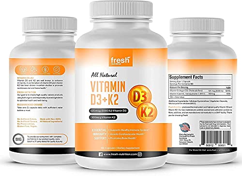 Vegan Vitamin D3 (5000iu/125mcg) + Vitamin K2 (100mcg as MK-7) for Optimal Absorption (90 Capsules 5000iu Each - 3 Month Supply) - Plant Based Vitamin D3 K2 Supplement - Non GMO, Gluten Free - Adults