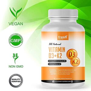 Vegan Vitamin D3 (5000iu/125mcg) + Vitamin K2 (100mcg as MK-7) for Optimal Absorption (90 Capsules 5000iu Each - 3 Month Supply) - Plant Based Vitamin D3 K2 Supplement - Non GMO, Gluten Free - Adults