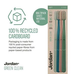 Jordan* ® | Green Clean Manual Toothbrush | Award Winning Sustainable Toothbrush Made from Recycled Materials | Eco-Friendly | Scandinavian Design | Soft Bristle Toothbrush | Mixed Colour | 4 Units