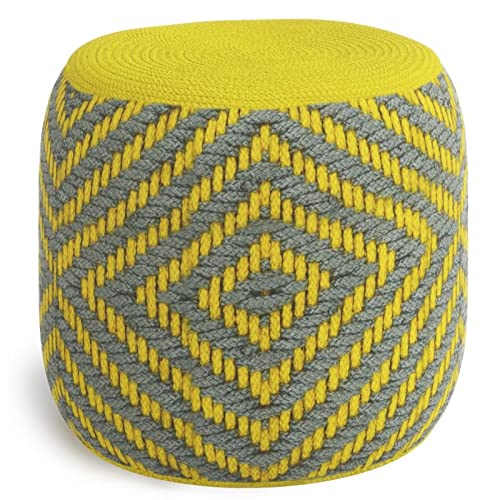 SIMPLIHOME Kent Boho Round Woven Outdoor/ Indoor Pouf in Grey and Yellow Recycled PET Polyester for the Living Room, Family Room, Bedroom and Kids Room