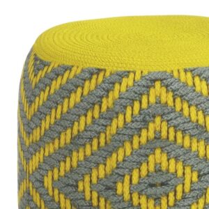 SIMPLIHOME Kent Boho Round Woven Outdoor/ Indoor Pouf in Grey and Yellow Recycled PET Polyester for the Living Room, Family Room, Bedroom and Kids Room