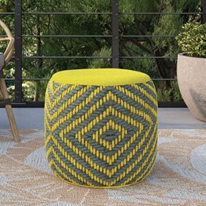 SIMPLIHOME Kent Boho Round Woven Outdoor/ Indoor Pouf in Grey and Yellow Recycled PET Polyester for the Living Room, Family Room, Bedroom and Kids Room