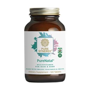 pure synergy purenatal prenatal vitamin | 120 tablets | made with organic ingredients | non-gmo | vegan | gentle on stomach | made with organic veggies and fruits