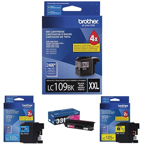 Brother Genuine Ultra High Yield Black Ink Cartridge LC109BK and Super High Yield Cyan Magenta and Yellow Cartridges LC105C, LC105M, LC105Y