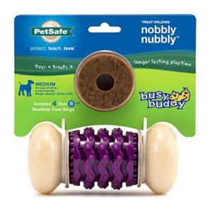 petsafe busy buddy nobbly nubbly treat holding dog toy – strong chewers – challenging – treat rings included – medium