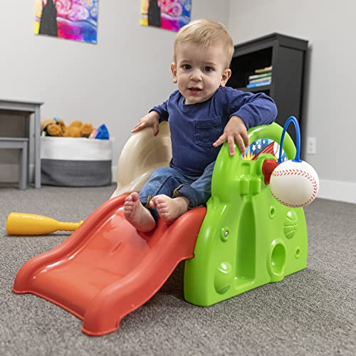 Step2 Sports-Tastic Climber – 3-In-1 Sports Activity Center Indoor/Outdoor Playset – Toddler Climber with Kids Slide, Basketball Hoop, Soccer Goal, & Tethered Baseball