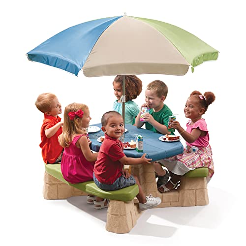 Step2 Naturally Playful Kids Picnic Table With Umbrella - Step2 Outdoor Toys with Seating for 6 Children - Kids Patio Furniture Blue & Green with Faux Stone Detail