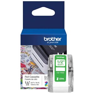 brother genuine cz-1002 continuous length ½” (0.5”) 12mm wide x 16.4 ft. (5 m) long label roll featuring zink zero ink technology