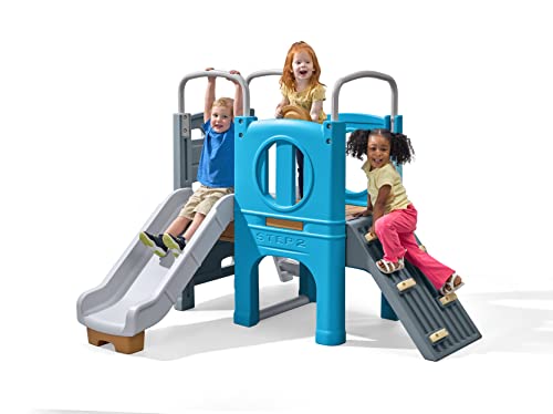 Step2 Scout & Slide Climber Toddler Playset – Toddler Play Gym with Elevated Kids Playhouse, Kids Slide, Two Climbing Walls, Steering Wheel, and Metal Bars – Dimensions 72.5" x 70" x 55.75"