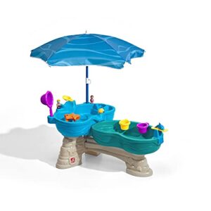 step2 spill & splash seaway water table | kids dual-level water play table with umbrella & 11-pc accessory set | large water table