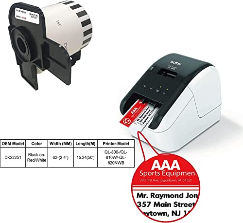 Compatible Brother DK 2251 Thermal Label for Brother Printer QL-820NWB QL 810W QL800-2.4" x 50' Black/Red on White Continuous Feed Labels 1 Roll + 1 Refillable Cartridge