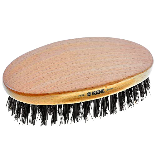 Kent PF22 Oval Men Military Hair Brush, Black Boar Bristle and Nylon Bristle Mix for Mens Grooming Hair and Beard, Scalp Brush, 360 Wave, and Facial Brush for Beard Care. Made in England