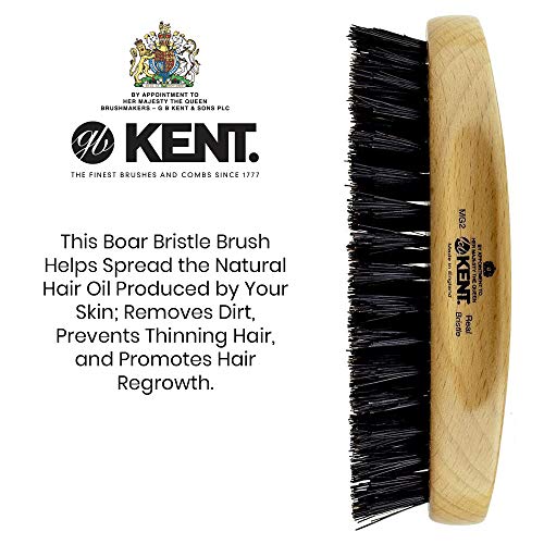 Kent MG2 Finest Men's Oval 100% Natural Beechwood Military Hair Brush with 100% Natural Black Boar Bristle for Mens Grooming, Scalp Brush, 360 Wave, Beard Straightener & Facial Brush for Beard Care