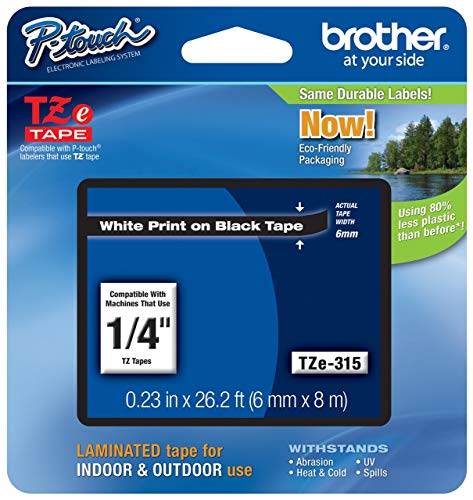 Brother Genuine P-touch TZE-315 Tape, 1/4" (0.23") Wide Standard Laminated Tape, White on Black, Laminated for Indoor or Outdoor Use, Water-Resistant, 0.23" x 26.2' (6mm x 8M), Single-Pack, TZE315