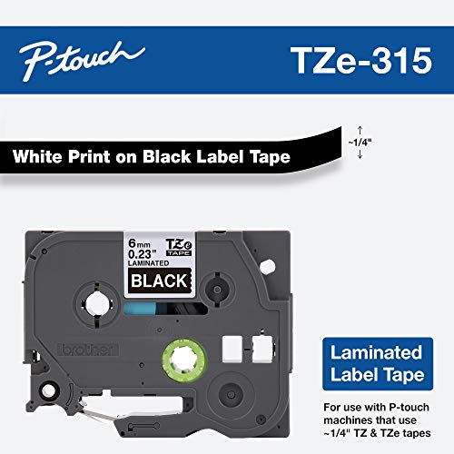 Brother Genuine P-touch TZE-315 Tape, 1/4" (0.23") Wide Standard Laminated Tape, White on Black, Laminated for Indoor or Outdoor Use, Water-Resistant, 0.23" x 26.2' (6mm x 8M), Single-Pack, TZE315