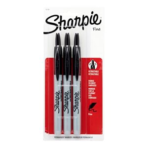 sharpie® retractable permanent markers, fine point, black, pack of 3 markers