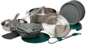 stanley base camp cook set for 4 | 21 pcs nesting cookware made from stainless steel & bpa free material | incl pot, lid, cutting board, spatula, plates, spoons, forks, bowls, dish rack, trivet