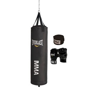 everlast leather heavy 70 pound punching bag with chain and swivel assembly, 5 ounce mma kickboxing gloves and 180-inch boxing hand wrap, black