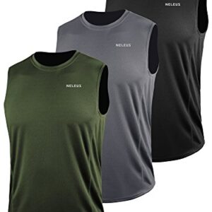 NELEUS Men's 3 Pack Muscle Workout Tank Top for Gym Running,5042,Black,Grey,Olive Green,L,EU XL