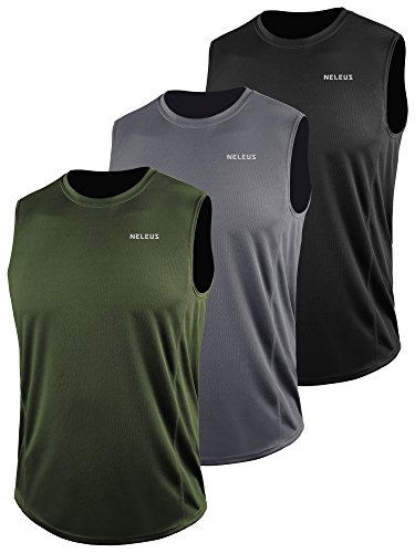 NELEUS Men's 3 Pack Muscle Workout Tank Top for Gym Running,5042,Black,Grey,Olive Green,L,EU XL