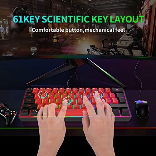 Snpurdiri 60% Wired Gaming Keyboard,True RGB Mini Keyboard, Waterproof Small Compact 61 Keys Keyboard for PC/Mac Gamer, Typist, Travel, Easy to Carry on Business Trip(Black-Red)