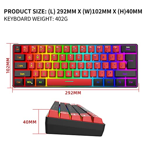 Snpurdiri 60% Wired Gaming Keyboard,True RGB Mini Keyboard, Waterproof Small Compact 61 Keys Keyboard for PC/Mac Gamer, Typist, Travel, Easy to Carry on Business Trip(Black-Red)