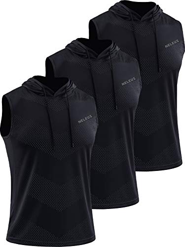 NELEUS Men's Workout Tank Tops Sleeveless Running Shirts with Hoodie,5098,3 Pack,Black/Black/Black,2XL