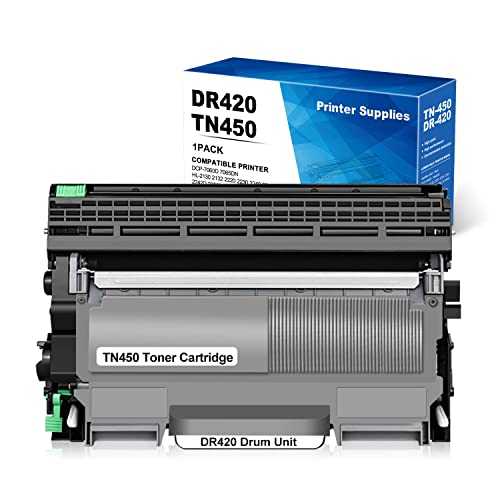 Compatible Toner Cartridge and Drum Unit Replacement for Brother TN450 TN420 TN-420 DR420 DR450 DR-450 (Black, 1 Drum+1 Toner)