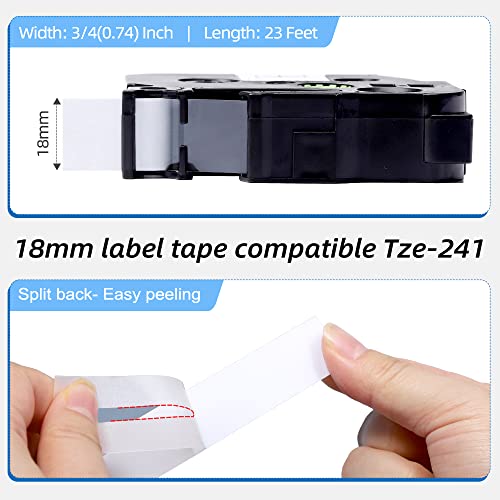 Tz Tape 18mm 0.7 Laminated White Replacement for TZe-241 TZe241 3/4" Compatible with Brother Laminated P-Touch Tape, Black on White, Work with Brother Ptouch PTD400 PTD410 PTD600, 3-Pack