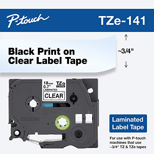 Brother Genuine P-Touch TZE-141 Tape, 3/4" (0.7") Standard Laminated P-Touch Tape, Black on Clear, Laminated for Indoor or Outdoor Use, Water-Resistant, 26.2 ft (8 m), Single-Pack