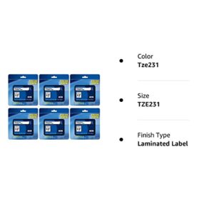 T-Ze231 Compatible Label Tape Replacement for Brother PTouch TZe-231 TZe231Tape, 6 Packs 0.47" x 26.2'(12mm x 8m), Black on White