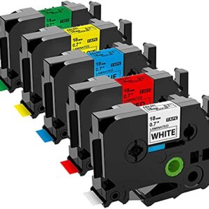 TZ Tape 18mm 0.7 Laminated Compatible for Brother P Touch 3/4 Inch Label Tape (Black on White/Red/Blue/Yellow/Green) for PTouch PTD400, PTD600, PTD400AD PTP700 Label Maker,5-Pack