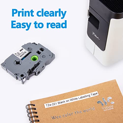 WEEMAY Compatible Label Tape Replacement for 9mm 0.35 Laminated White Tape TZ-221 TZ221 TZe221 TZe-221 Black on White 9mm 3/8 TZ Tape for PTouch PT-D210 PT-D200 PT-H110 PT-D400 PT-D600 Label Maker, 5P