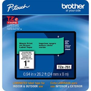 brother genuine p-touch, tze-751cs, 0.94” x 26.2’, black on green laminated label tape