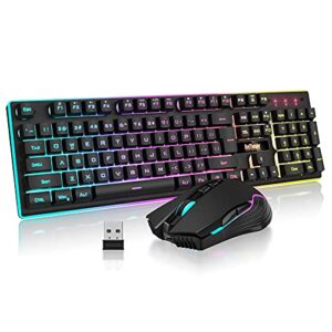 redthunder k10 wireless gaming keyboard and mouse combo, led backlit rechargeable 3800mah battery, mechanical feel anti-ghosting keyboard + 7d 3200dpi mice for pc gamer (black)